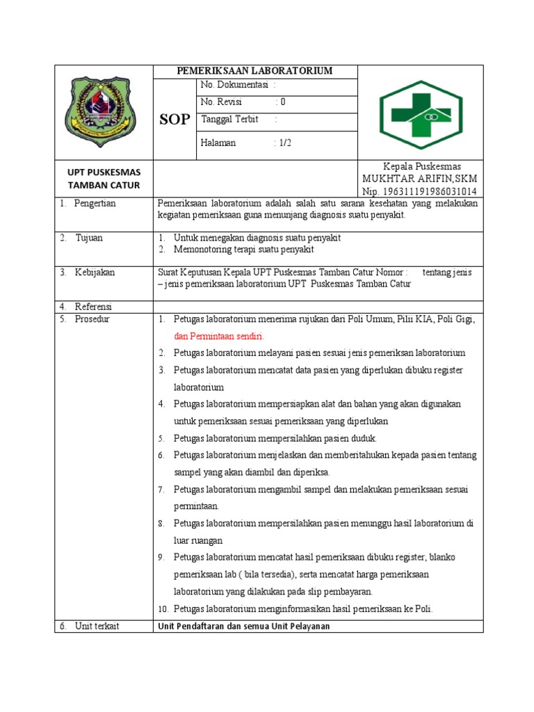 8.1.1.1 SOP pemeriksaan laboratorium | PDF