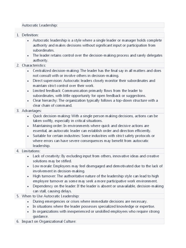 Autocratic Leadership | PDF | Leadership | Hierarchy