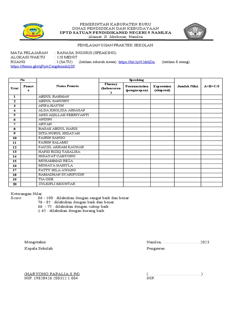 Penilaian Ujian Praktek Sekolah Bahasa Inggris 2023 | PDF