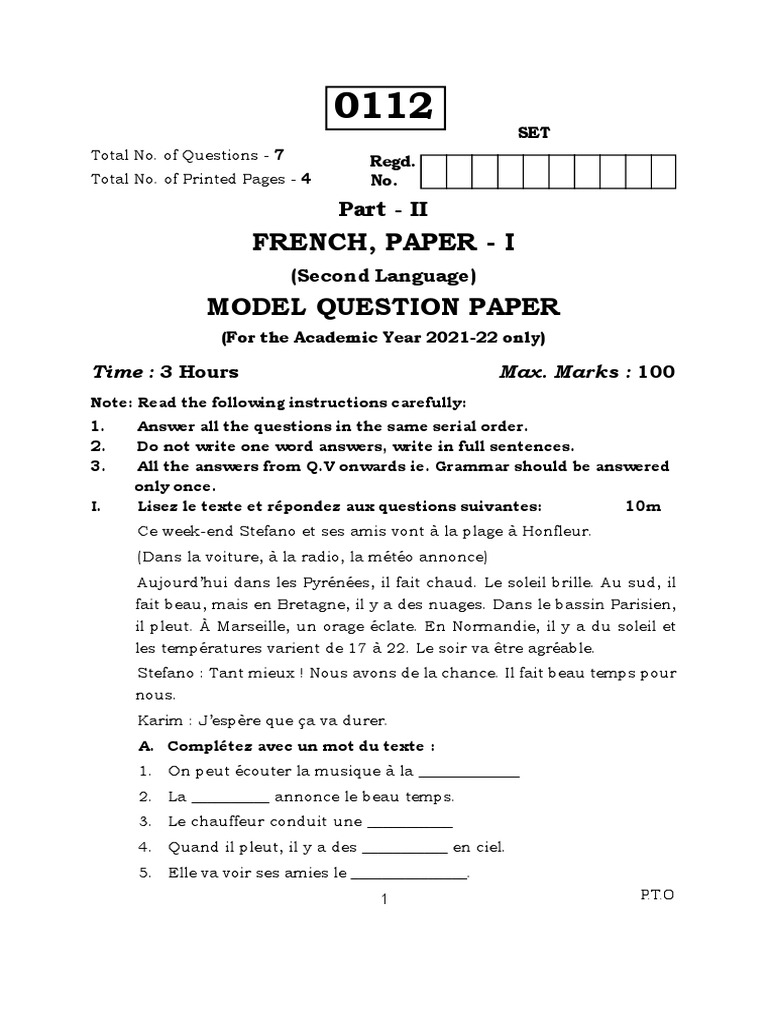 French Model Paper Intermediate 11th | PDF | Arts du langage et discipline