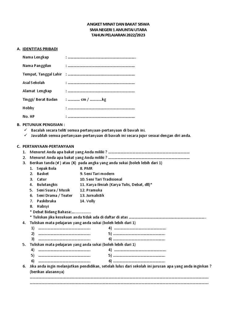 Angket Minat Dan Bakat Siswa | PDF