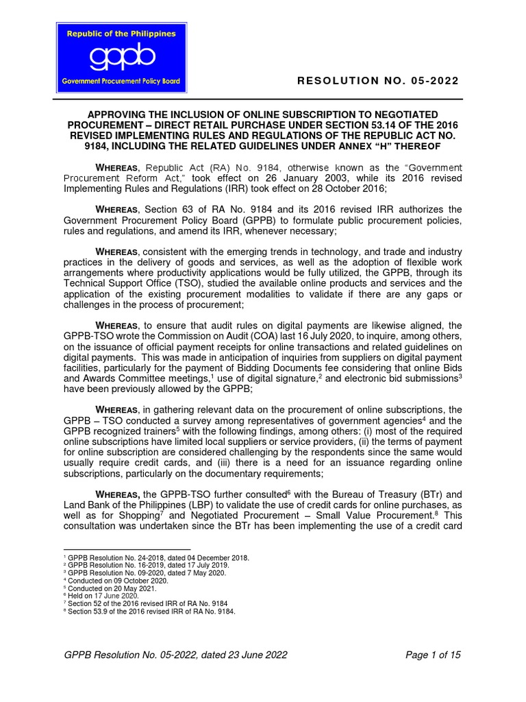 GPPB Resolution 05-2022: Online Subscription Procurement | PDF | Procurement | Application Software