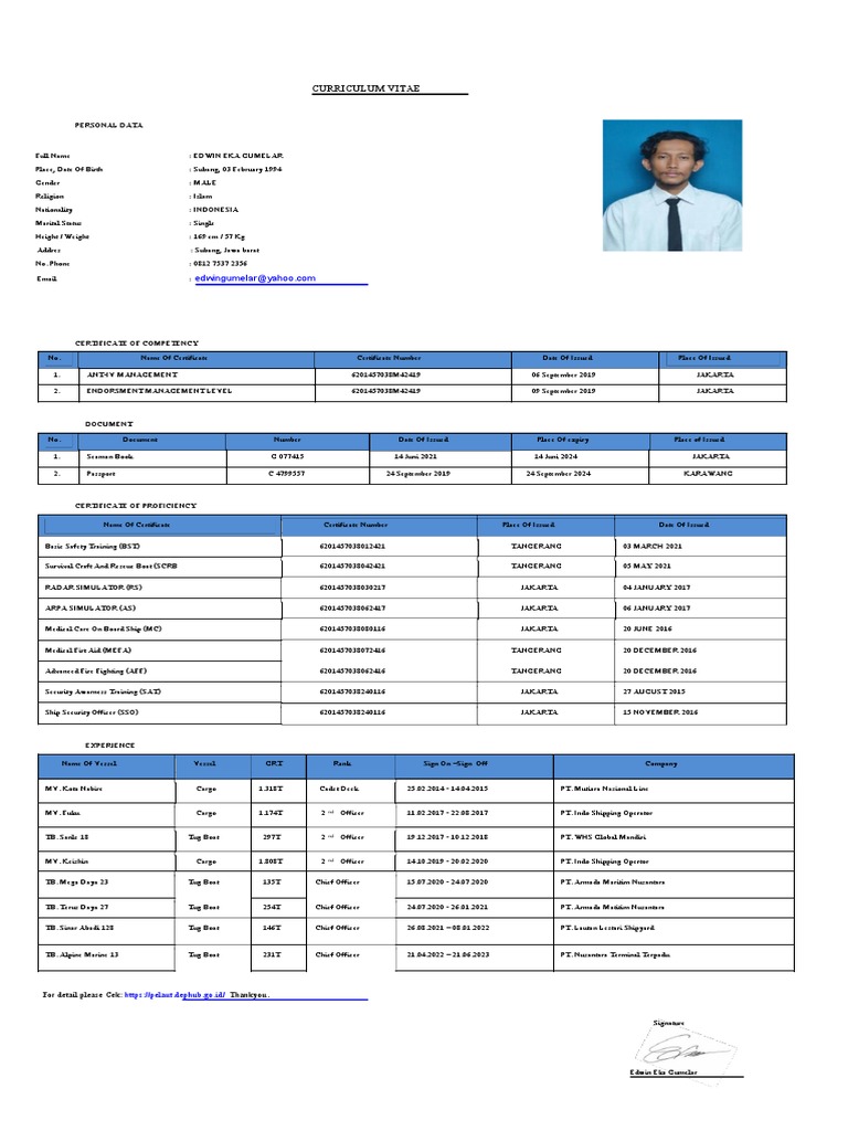 Revisi CV EDWIN ANT4Man ChfOfficer Tugboat | PDF | Transport | Watercraft
