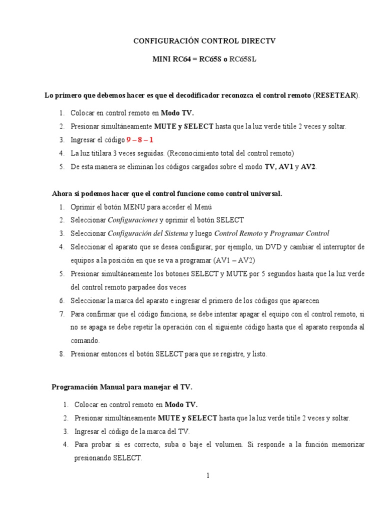 Programación Del Control Remoto RC65SL 1 | PDF