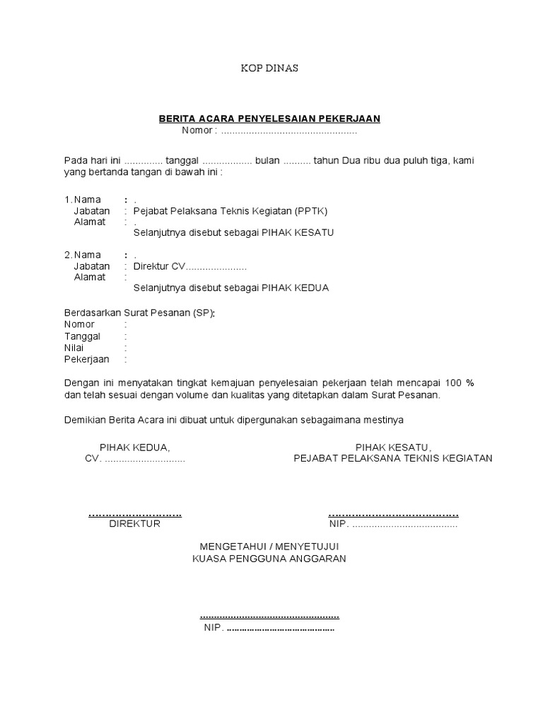 Berita Acara Penyelesaian Pekerjaan | PDF
