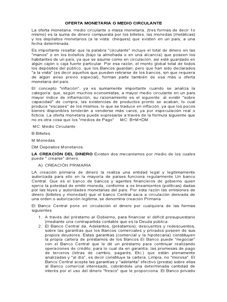 Oferta Monetaria o Medio Circulante La Oferta Monetaria | PDF