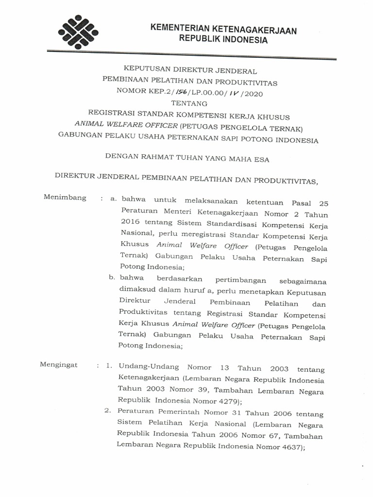 Registrasi SKKK 2020-156 Animal Welfare Officer | PDF