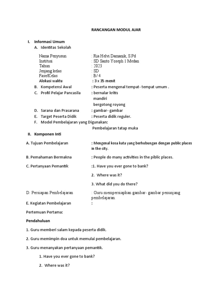 Modul Ajar Kosa Kata Tempat Umum SD | PDF