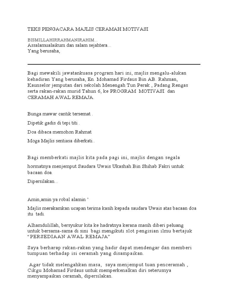Teks Pengacara Majlis Ceramah Motivasi | PDF