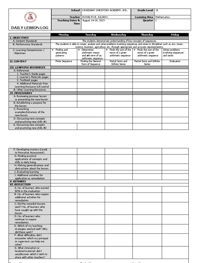 Daily Lesson Log Mathematics 10 First Quarter First Week | PDF ...