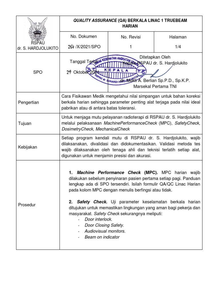 Sop Qa Harian Linac 1 Revisi 1 | PDF