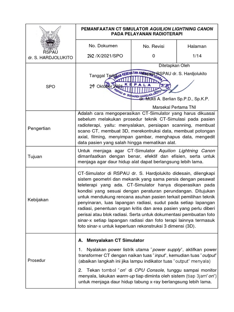 Sop Pemanfaatan CT Simulator Aquilion Lightning Canon | PDF