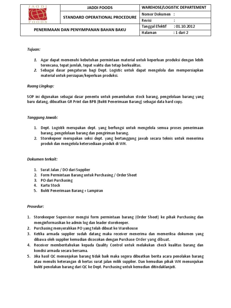 SOP Penerimaan Dan Penyimpanan Produk Bahan Baku | PDF