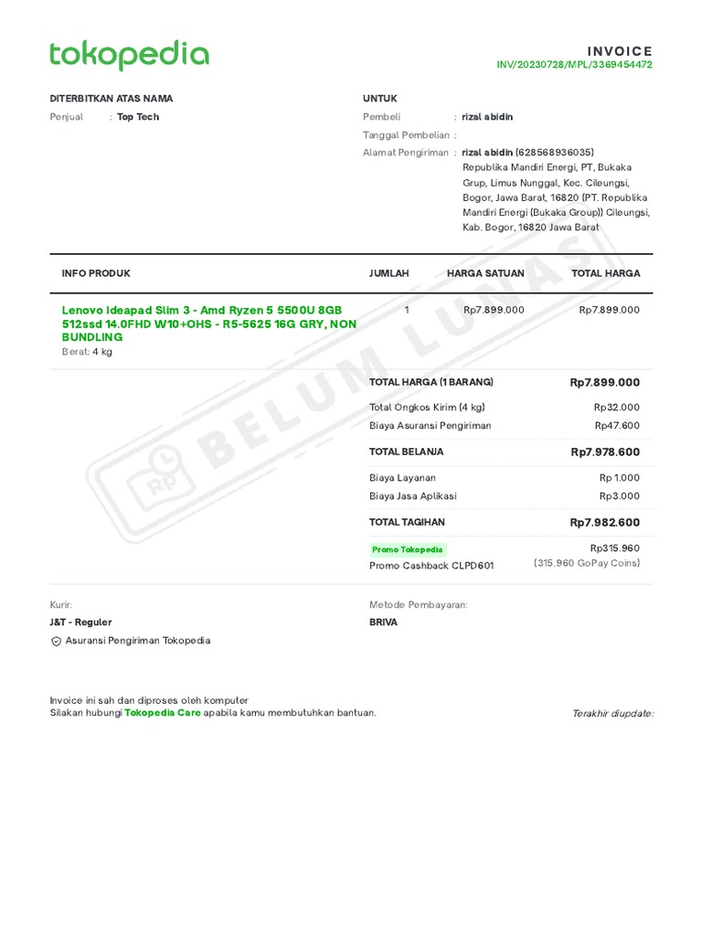 Invoice - Tokopedia | PDF