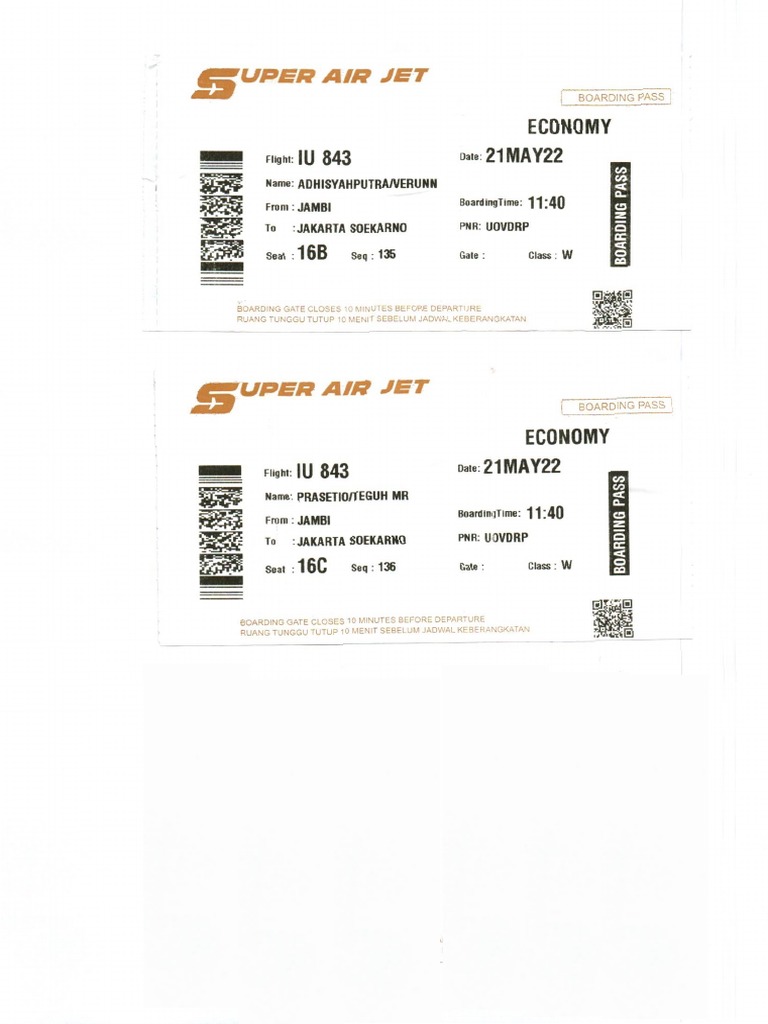 Boarding Pass - Jambi - CGK 21 Mei 22 | PDF