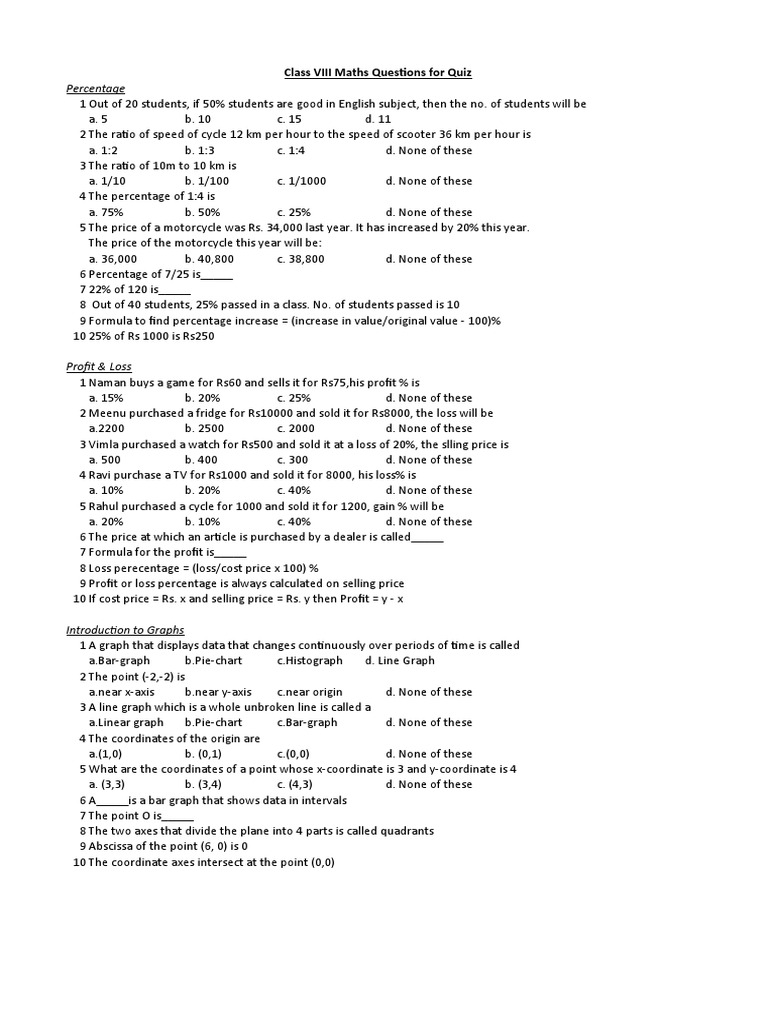 Maths Quiz Questions Without Ans (Class 8) | PDF | Cartesian Coordinate ...