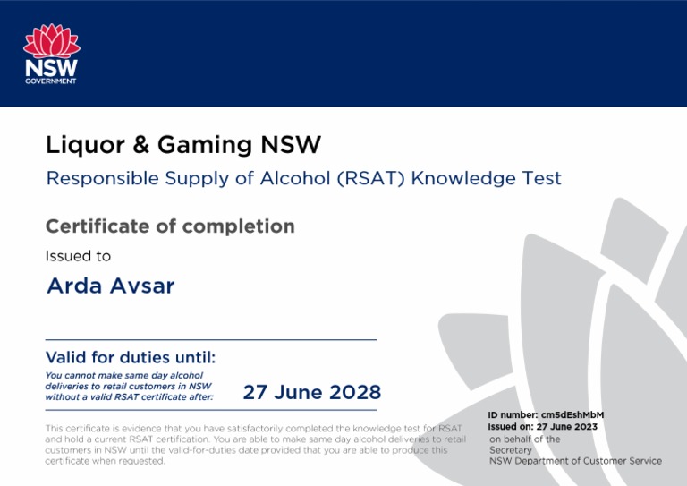 Responsible Supply of Alcohol Training (RSAT) - Certificate - RSAT With ...