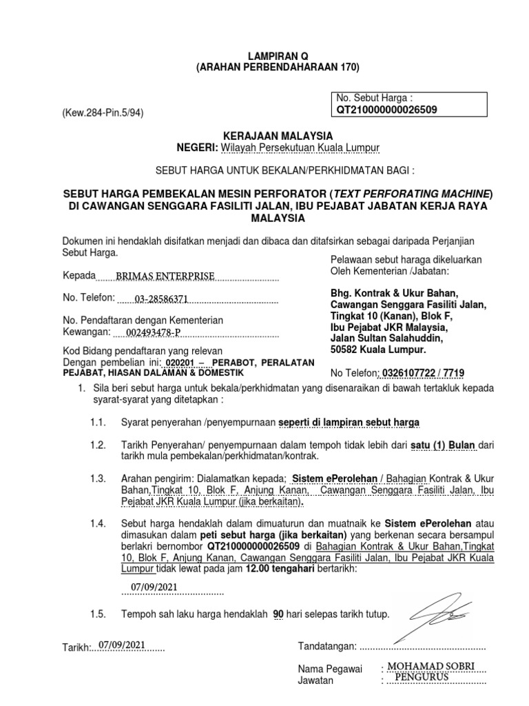 Lampiran Q - Borang Sebut Harga Bekalan - Perkhidmatan | PDF