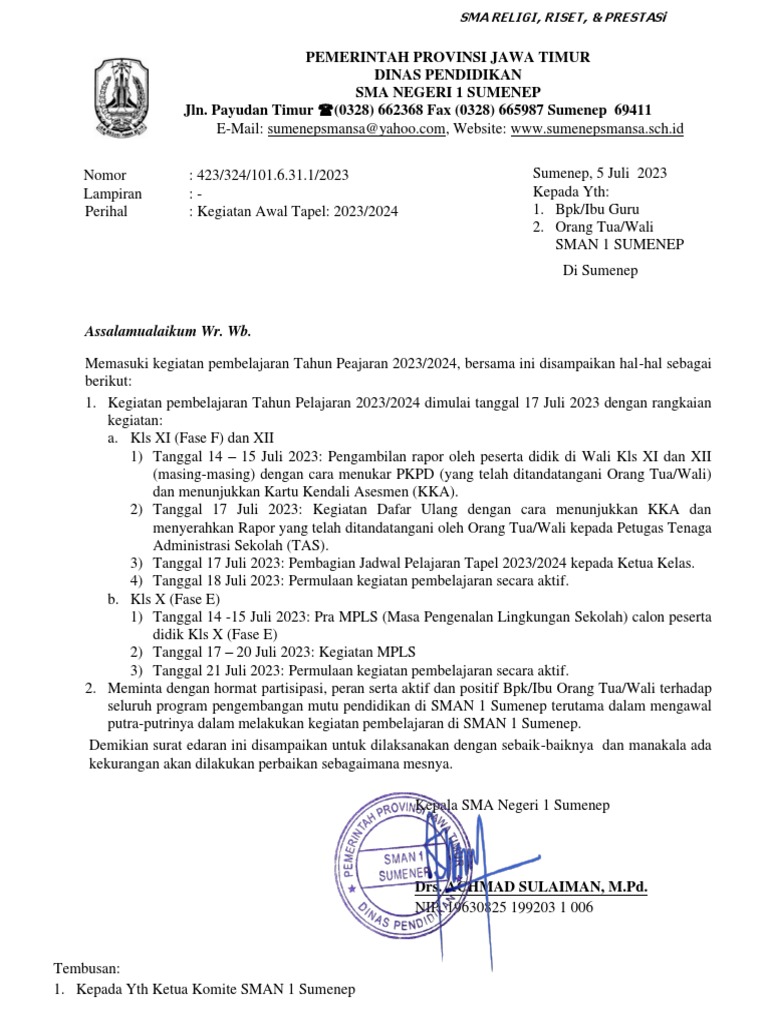 Surat Edaran Awal Tahun Pelajaran 2023-2024 | PDF