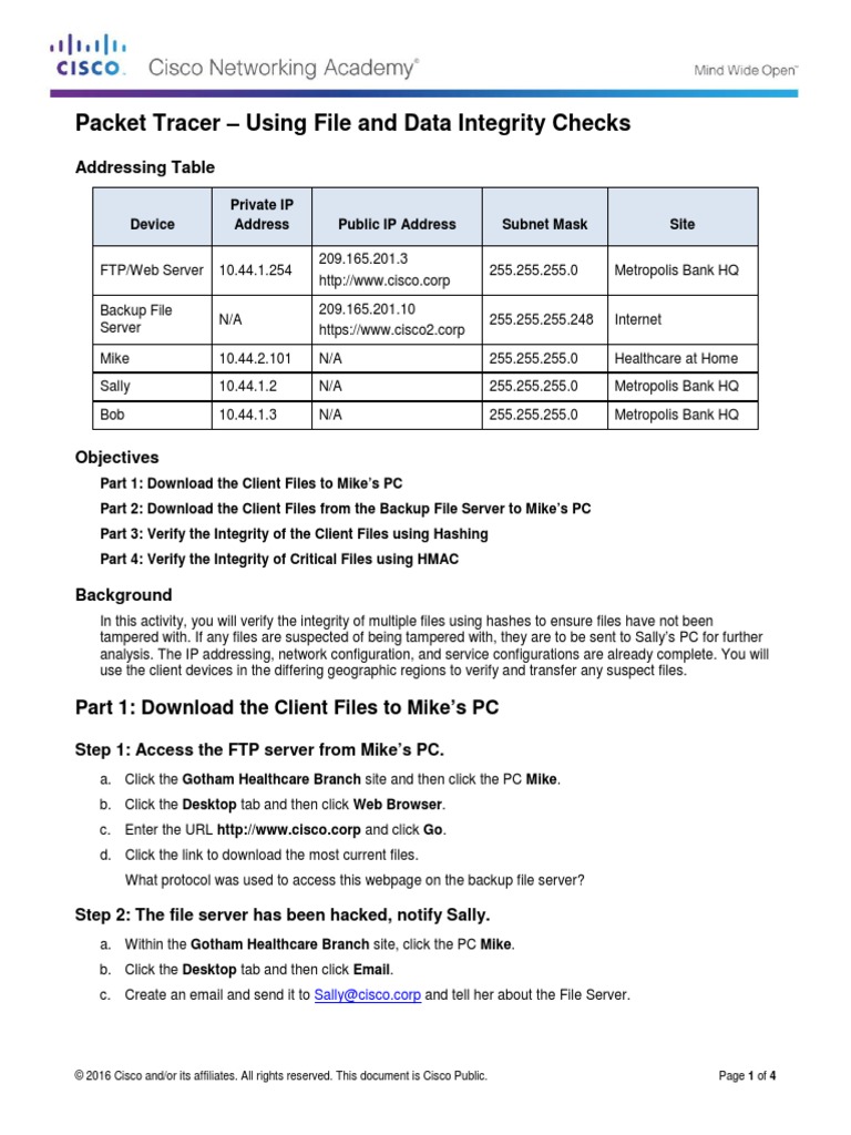 2.5.2.7 Packet Tracer - Using File and Data Integrity Checks | PDF