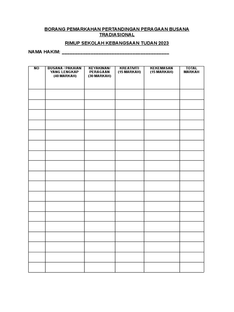 Borang Pemarkahan Pertandingan Peragaan Busana Tradiasional | PDF
