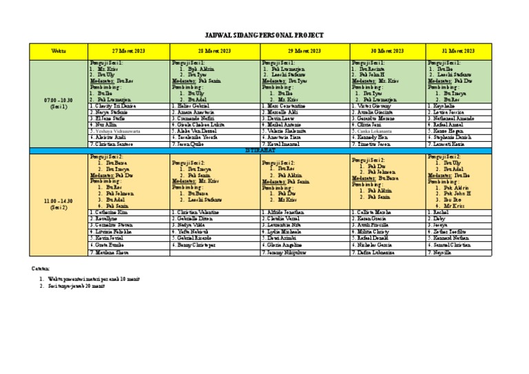 Jadwal Sidang Personal Project Sma Pax Patriae (New) | PDF