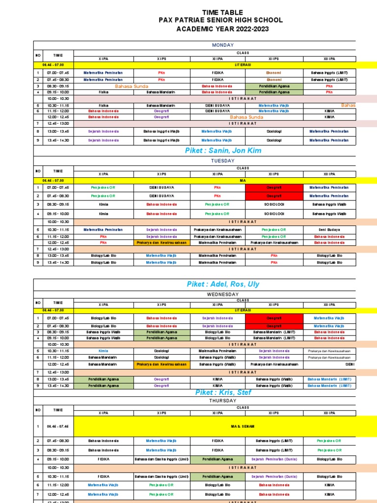 Jadwal Pelajaran SMA Pax Patriae 2022-2023 | PDF