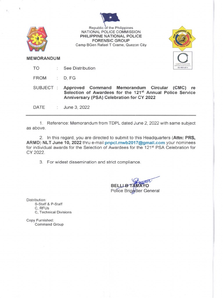 Approved Command Memorandum Circular (CMC) Re Selection of Awardees For ...