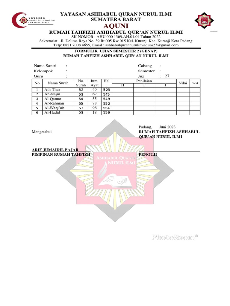 Formulir Ujian Akhir Semester 1 Juz 27 | PDF