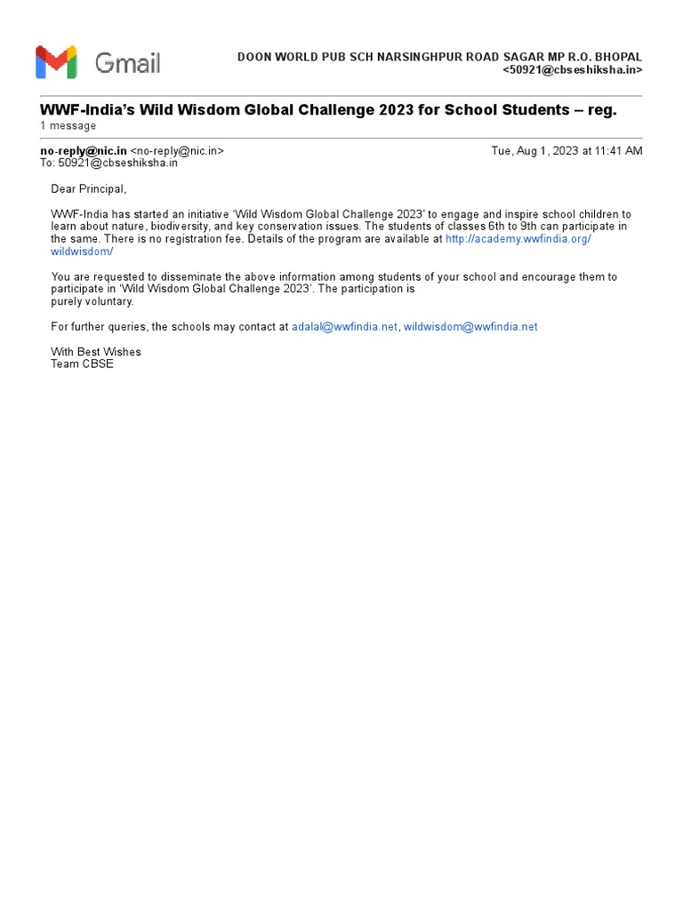 Central Board of Secondary Education Mail - WWF-India's Wild Wisdom Global Challenge 2023 For ...