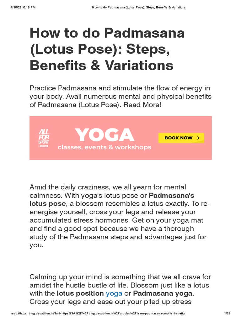 How To Do Padmasana (Lotus Pose) - Steps, Benefits & Variations | PDF