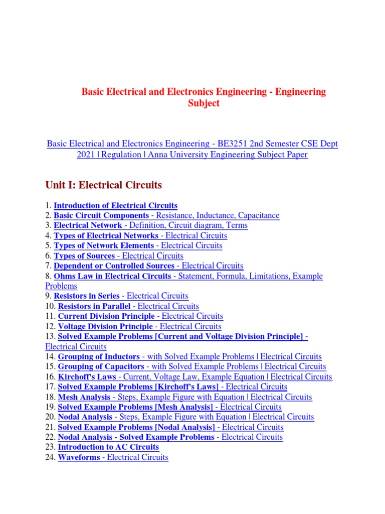 BE3251 Basic Electrical Engineering Syllabus | PDF