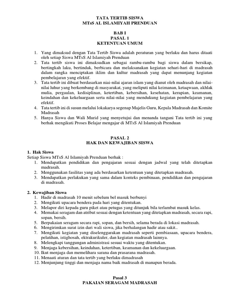 TATA TERTIB SISWA MTSS AL ISLAMIYAH-1 | PDF