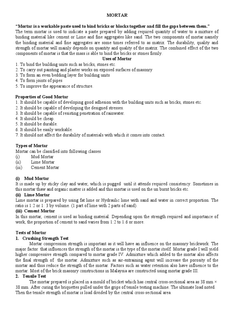 Unit I MORTAR | PDF | Mortar (Masonry) | Lime (Material)