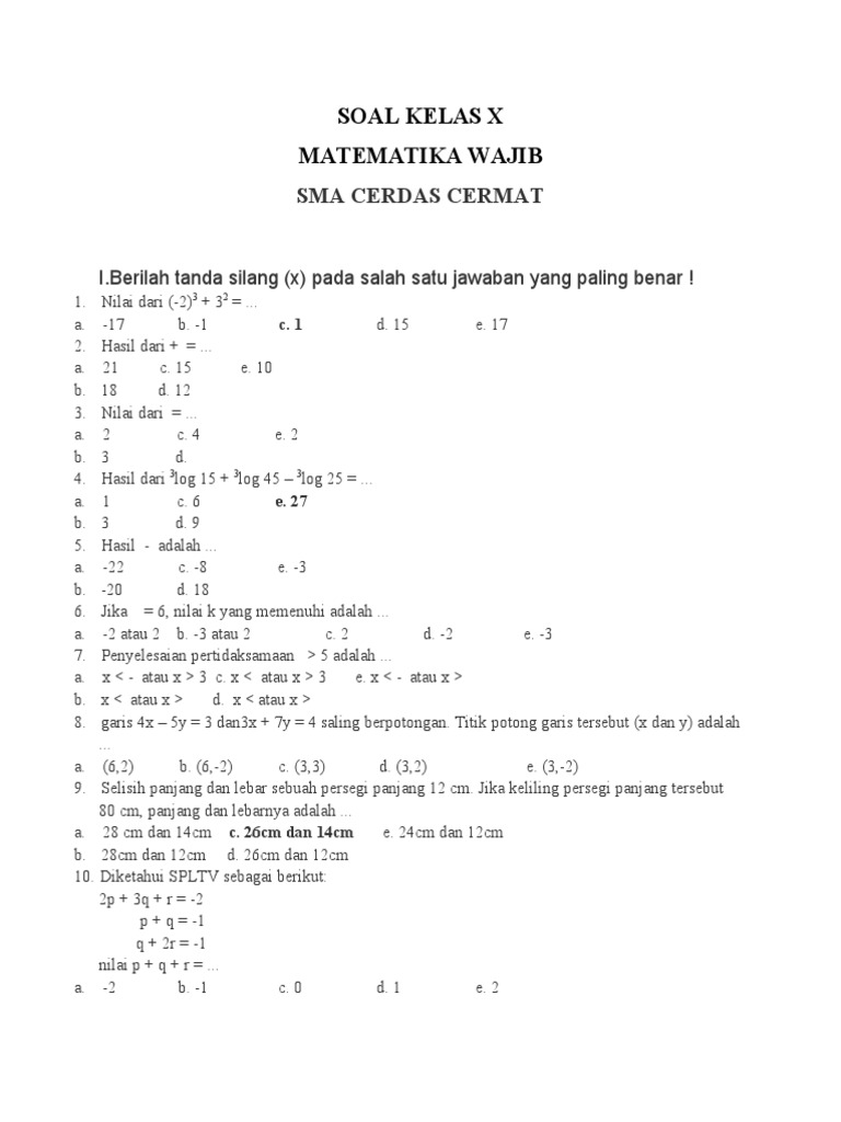 Soal Latihan Matematika Wajib Semester 1 | PDF