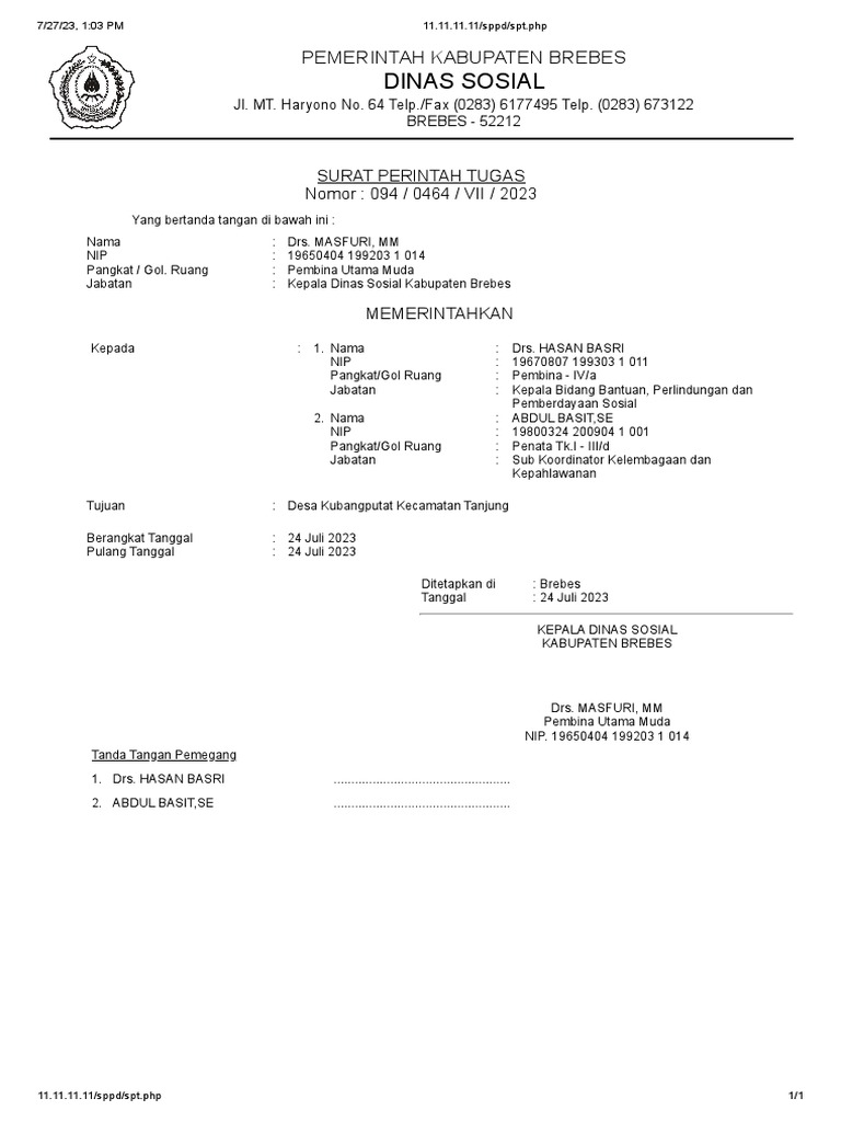 SPPD Surat Perintah Perjalanan Dinas Dalam Daerah Luar Daerah Kota | PDF