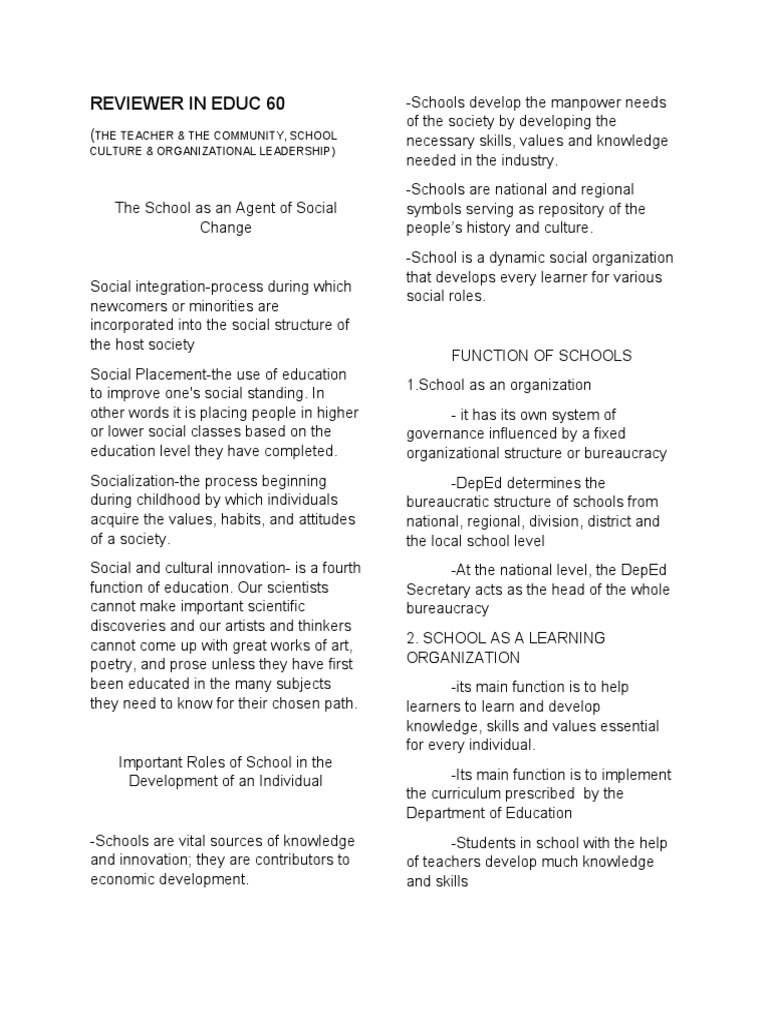 REVIEWER IN EDUC 60 Week 1 To 17 | PDF | Sociology | Leadership