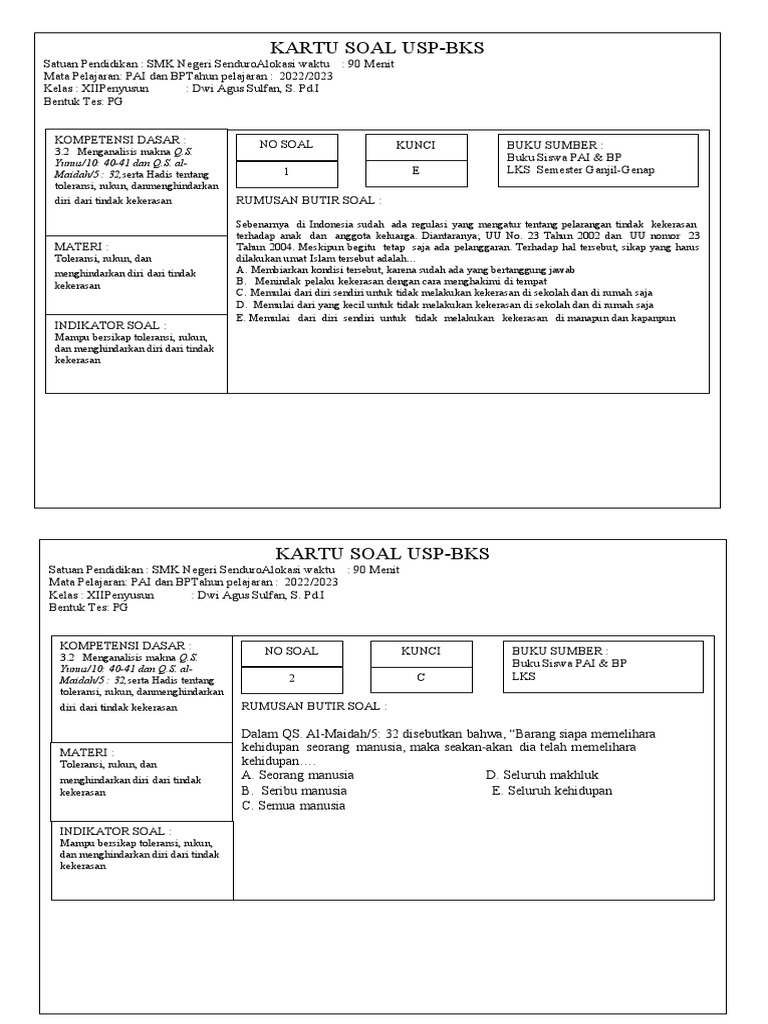 Kartu Soal Pai Usp-Bks 2023 | PDF | Sains & Matematika