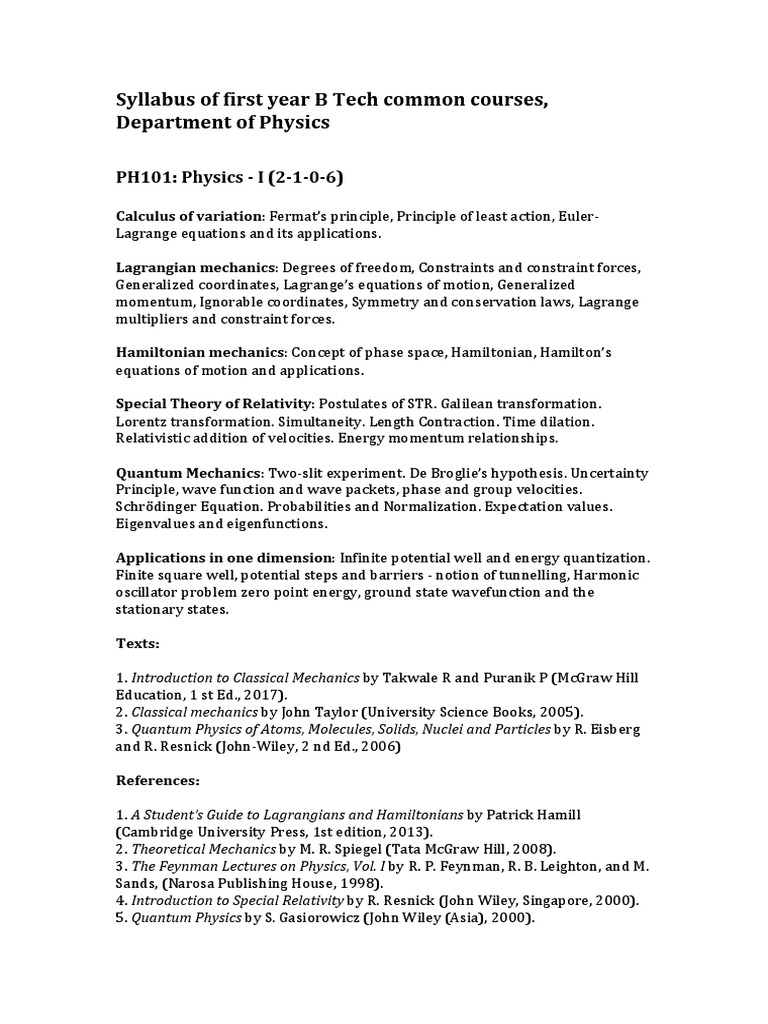 Physics BTech First Year Syllabus | PDF Physics BTech First Year Syllabus | PDF