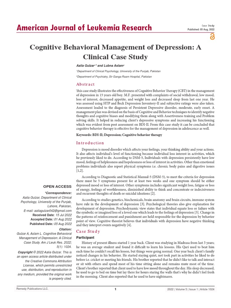 Cognitive Behavioral Management of Depression A Clinical Case Study ...