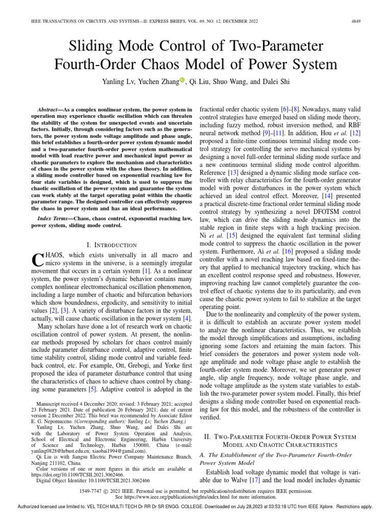 Sliding Mode Control Of Two Parameter Fourth Order Chaos Model Of Power System Pdf Chaos