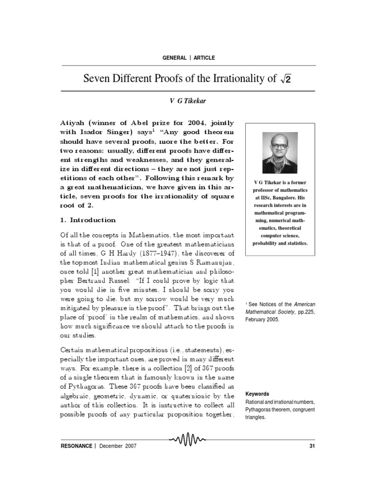 Seven Different Proofs of The Irrationality Of: V G Tikekar | PDF