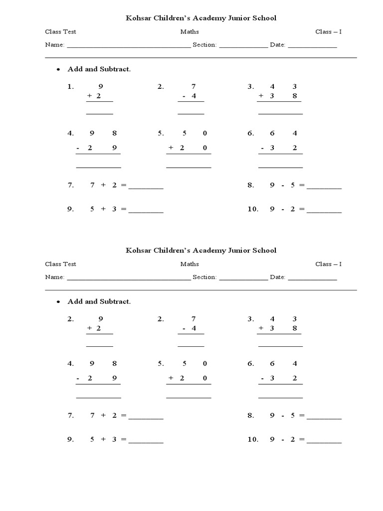 Maths Class I Test 2015 | PDF | Business