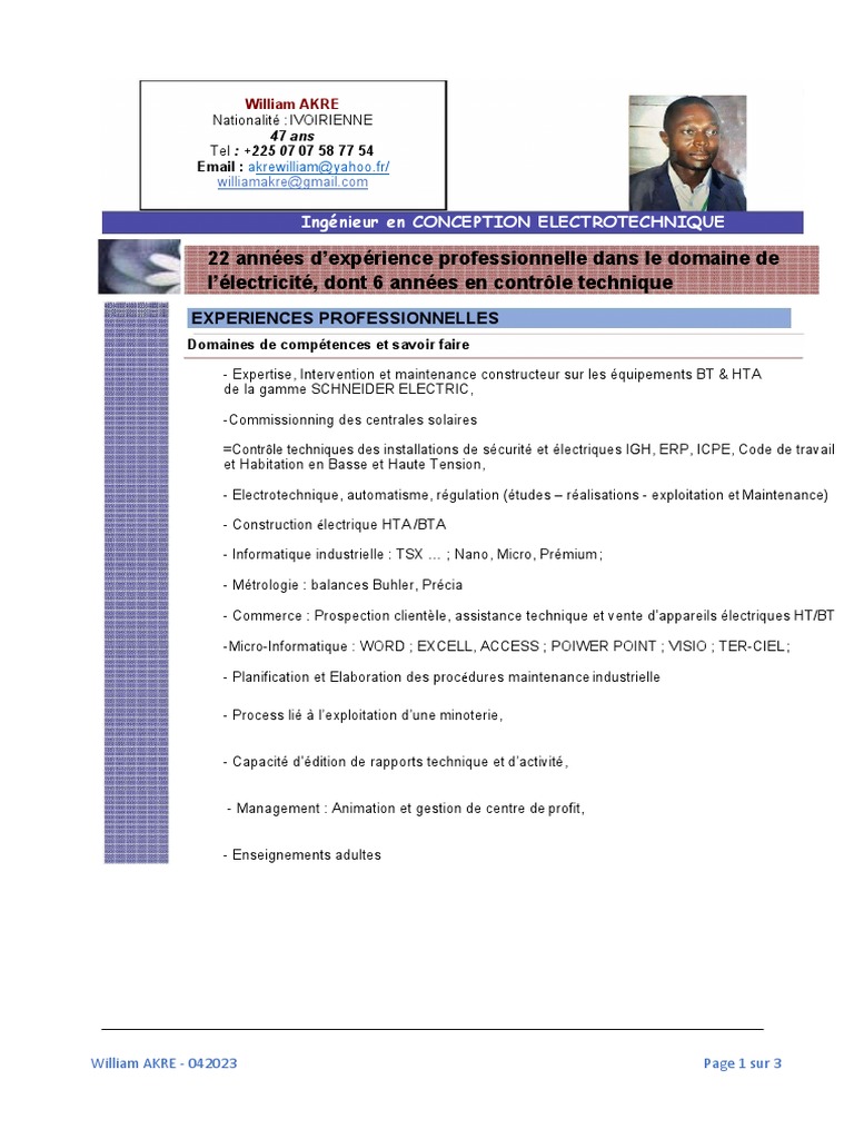 CV d'Ingénieur Électrotechnique | PDF | Électrotechnique | Réseau ...
