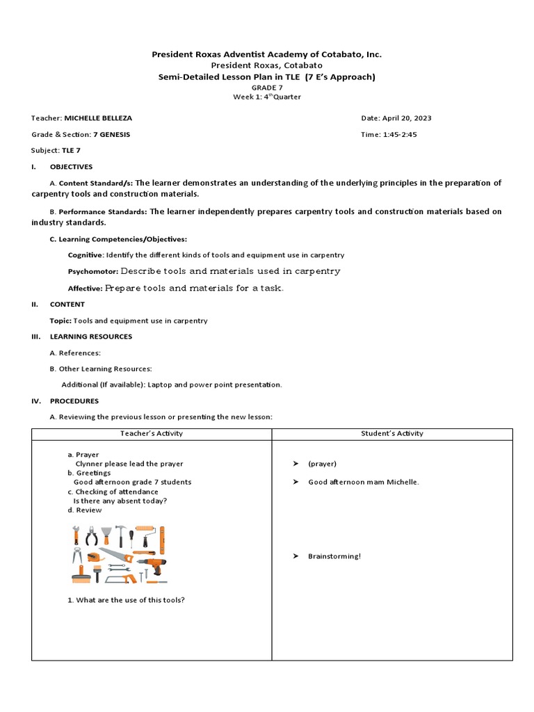Grade 7 Carpentry Tools Lesson | PDF