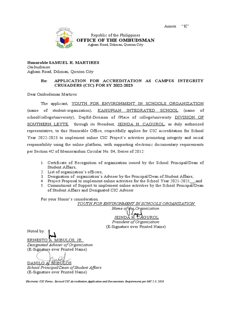 CIC Application Template - Doc Kahupian Integrated School - 2023 | PDF