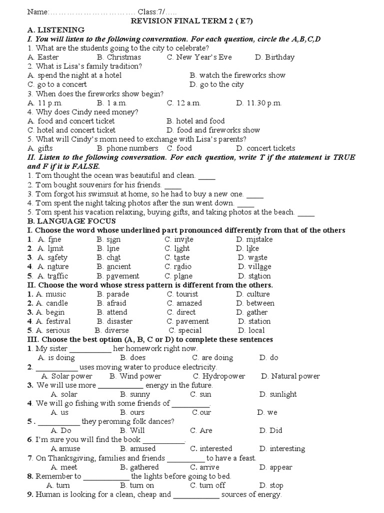 English Test For Grade 7 (Term 2) | Download Free PDF | Easter ...