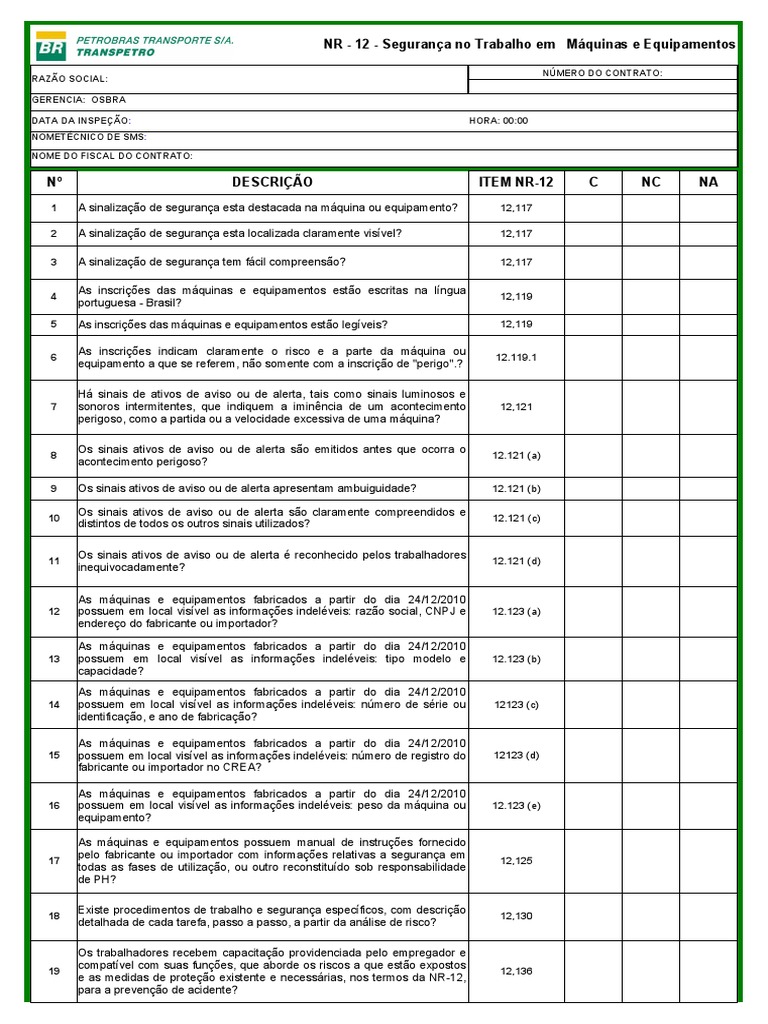 Check-List NR - 12 - Segurança No Trabalho em Máquinas e Equipamentos ...