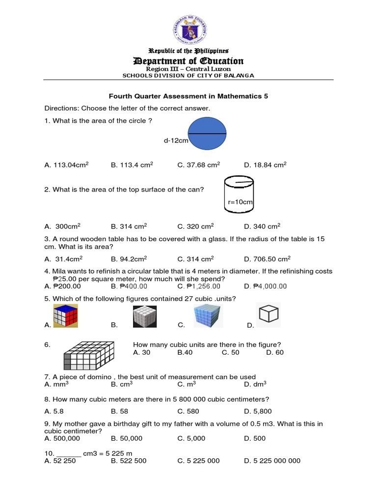 Fourth Quarter Math Assessment Grade 5 | PDF | Teaching Methods & Materials