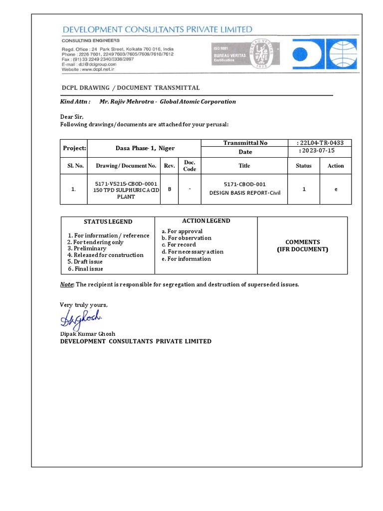 DCPL Drawing / Document Transmittal: Kind Attn: Mr. Rajiv Mehrotra ...